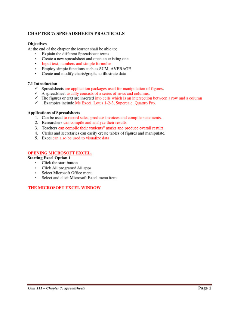 Chapter 7 Spread Sheet - Excel | PDF | Microsoft Excel | Spreadsheet