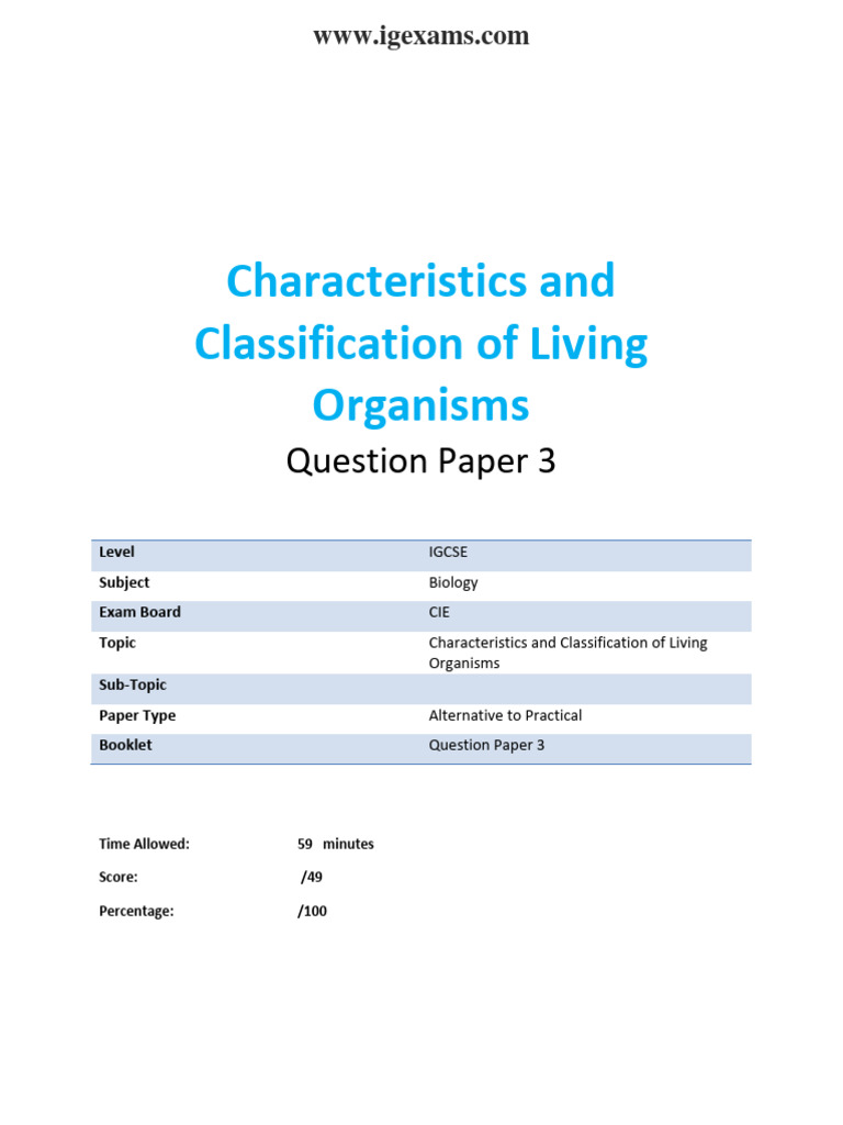 1 3 Characteristics And Classification Of Living Organisms Cie Igcse Biology Practicals Qp Pdf