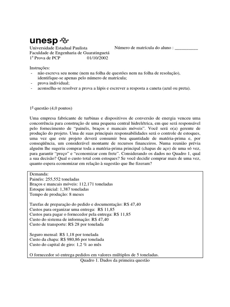 Prova UNESP PCP | PDF