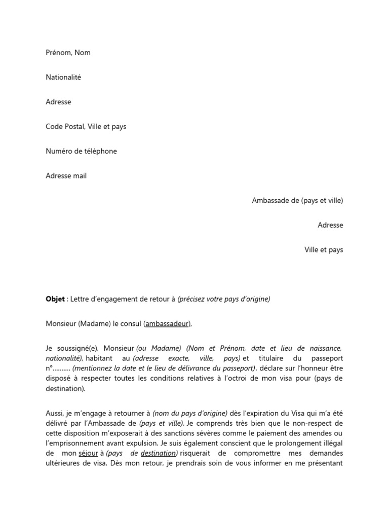 Lettre D'engagement de Retour Après Attribution D'un Visa | PDF