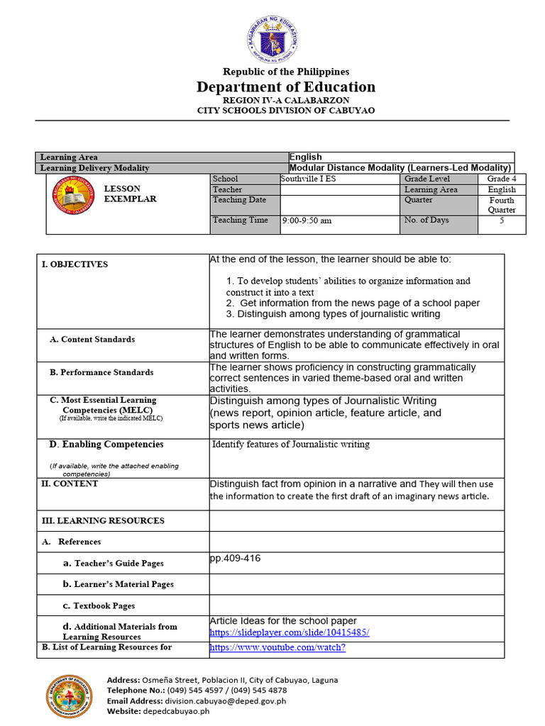 Quarter 4-MELC-26-Lesson Exemplar-ENGLISH-4 | PDF | Learning | English ...