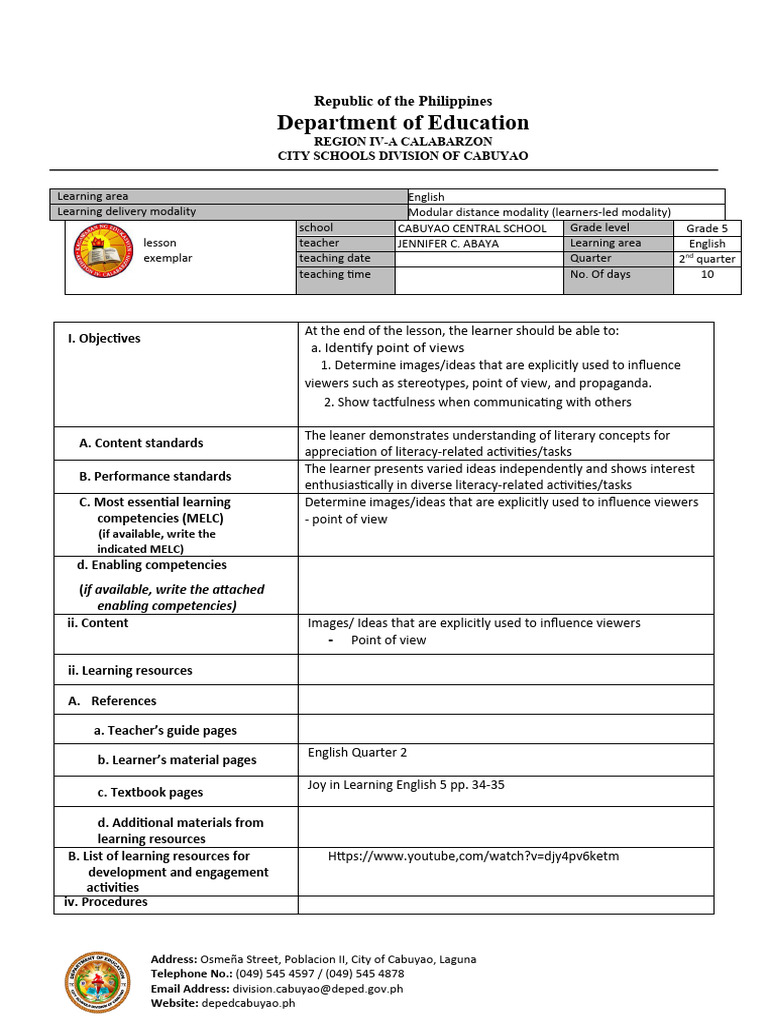 GRADE5-Lesson Exemeplar-Quarter 2-Lesson 2 | PDF | Learning | Propaganda