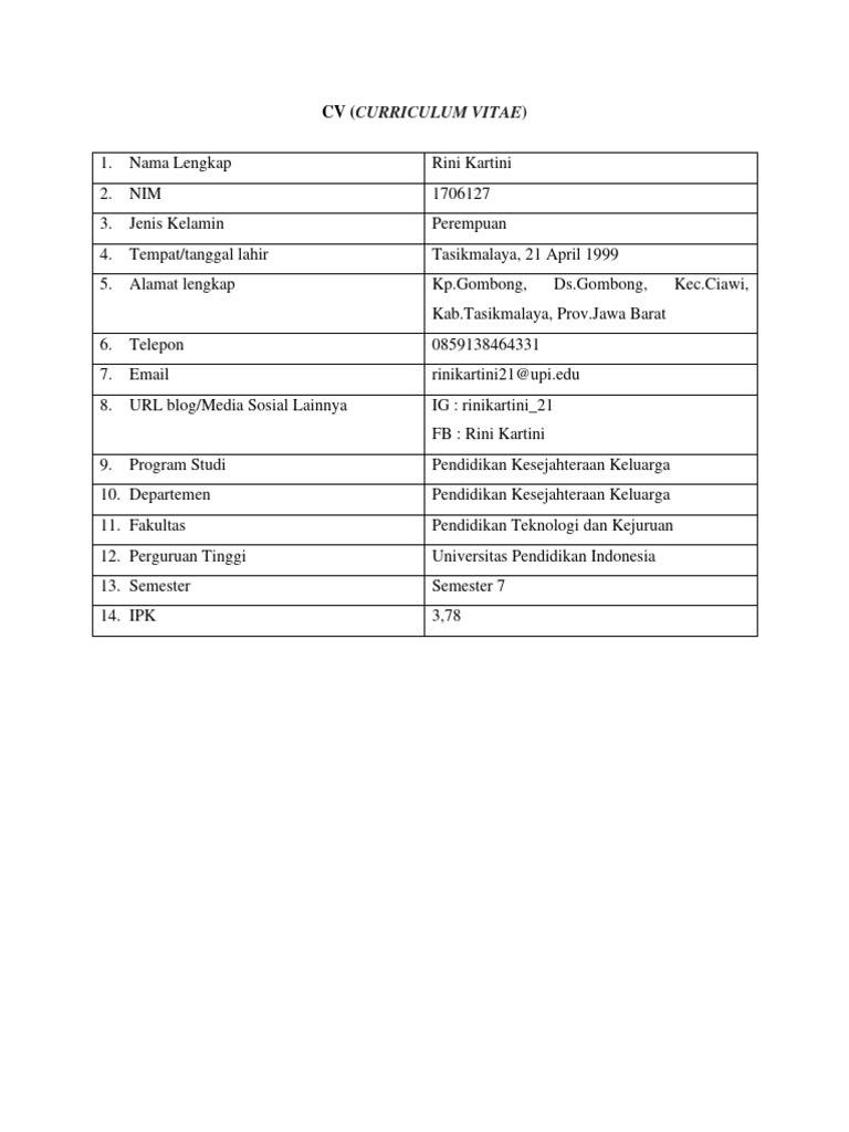 CV (Rini Kartini - 1706127) | PDF