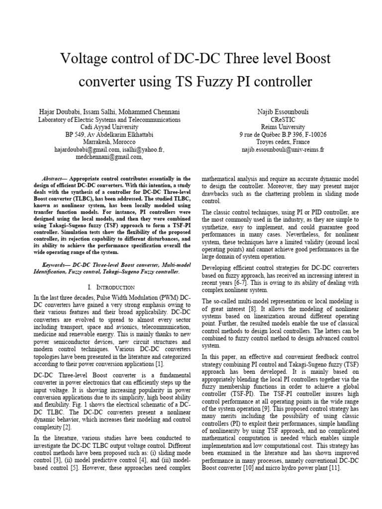 Voltage Control of DC-DC Three Level Boost Converter Using TS Fuzzy PI Controller | PDF ...