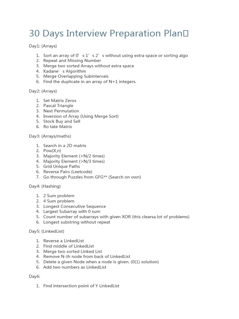 30 Days Interview Preparation Plan? | Download Free PDF | Matrix ...
