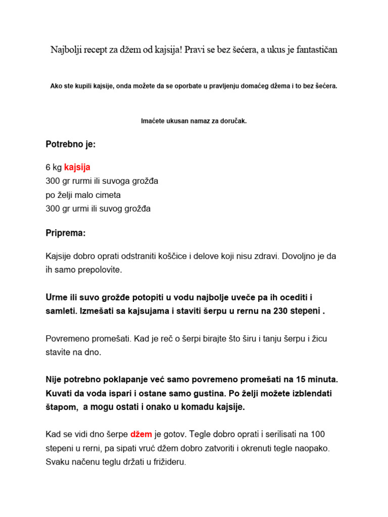 Najbolji Recept Za Džem Od Kajsija | PDF