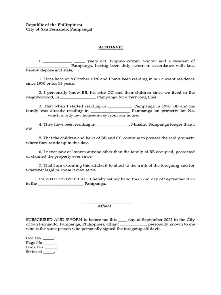 Sample Affidavit of Adjacent Lot Owner | PDF