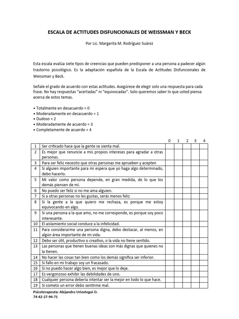 Escala de Actitudes Disfuncionales de Weissman y Beck | PDF | Amor ...