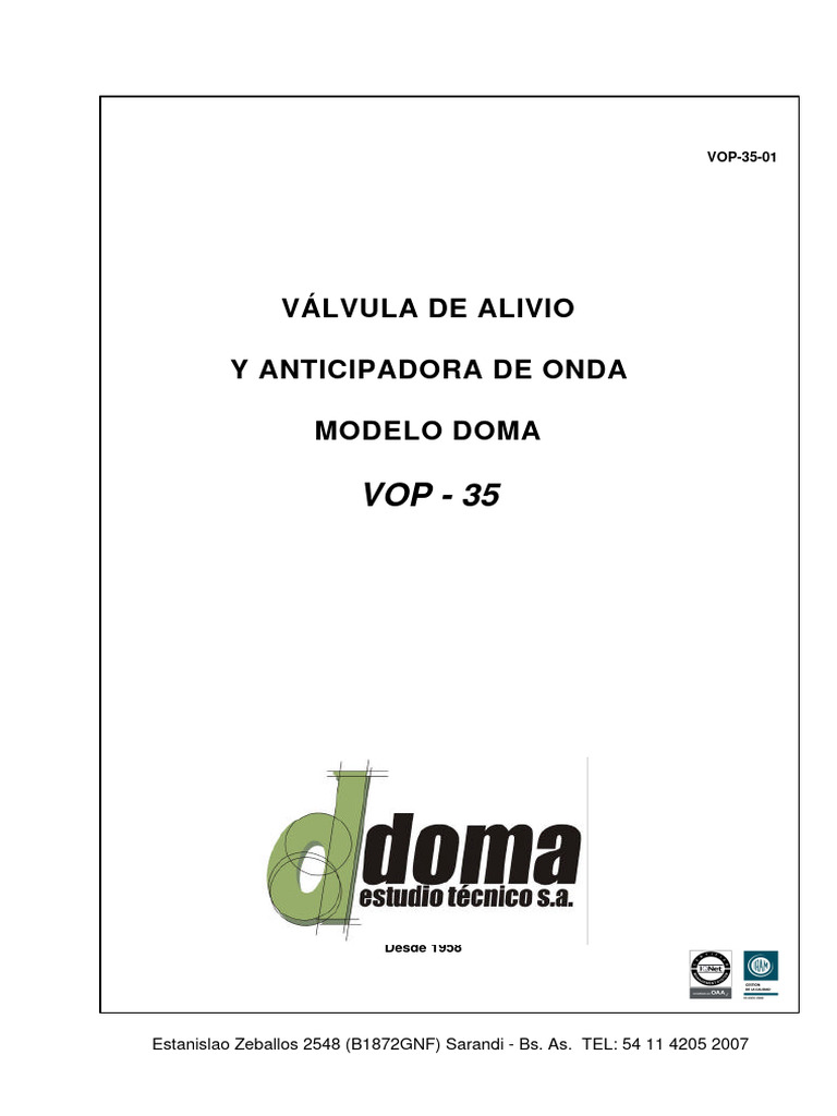 Válvula de Alivio DOMA VOP-35: Especificaciones | PDF | Bomba | Presión
