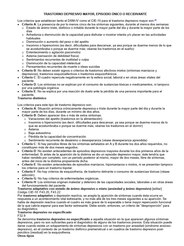 Trastorno Depresivo Mayor, Episodio Único O Recidivante: Código CIE-10 ...