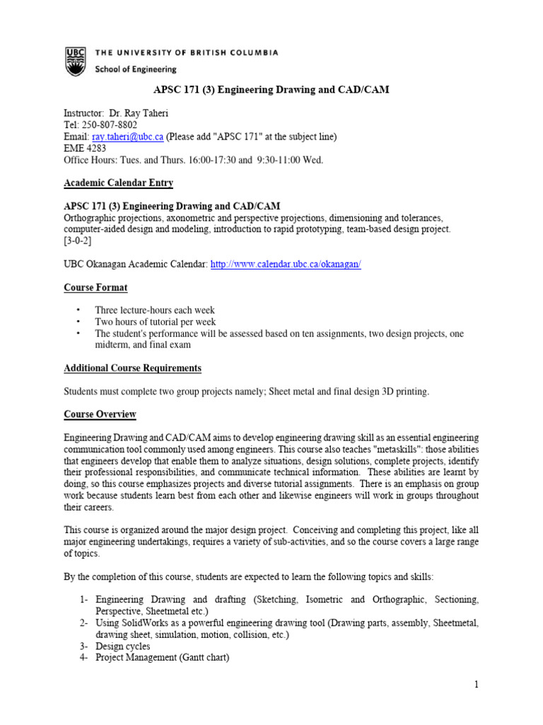 APSC 171 Syllabus 2020-1W | PDF | Engineering | Engineering Design Process