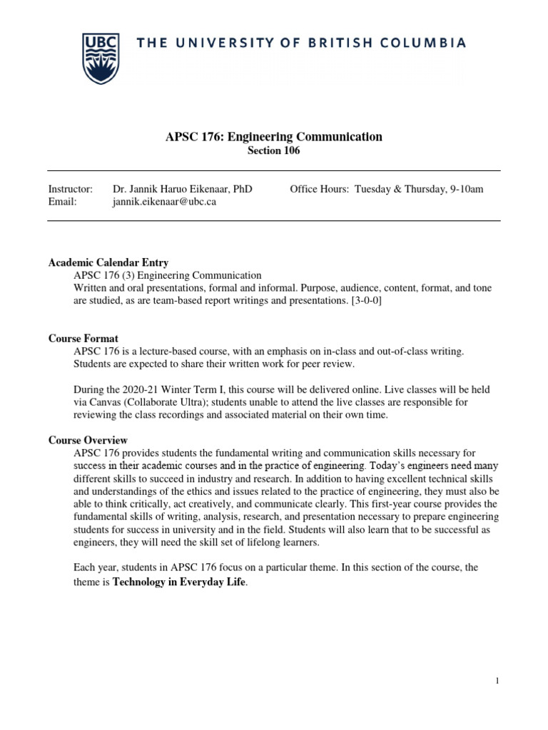 APSC 176 106 2020W Course Outline | PDF | Academic Integrity | Rhetoric