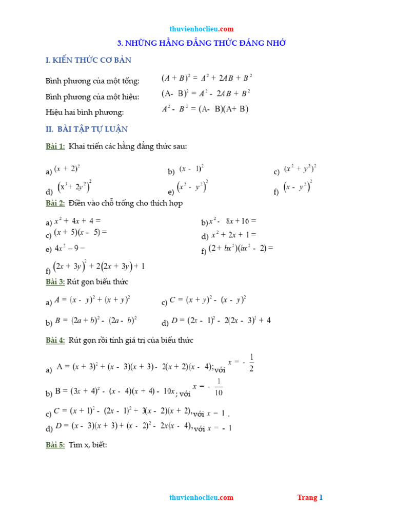 Bai Tap Toan Lop 8 Nhung Hang Dang Thuc Dang Nho | PDF