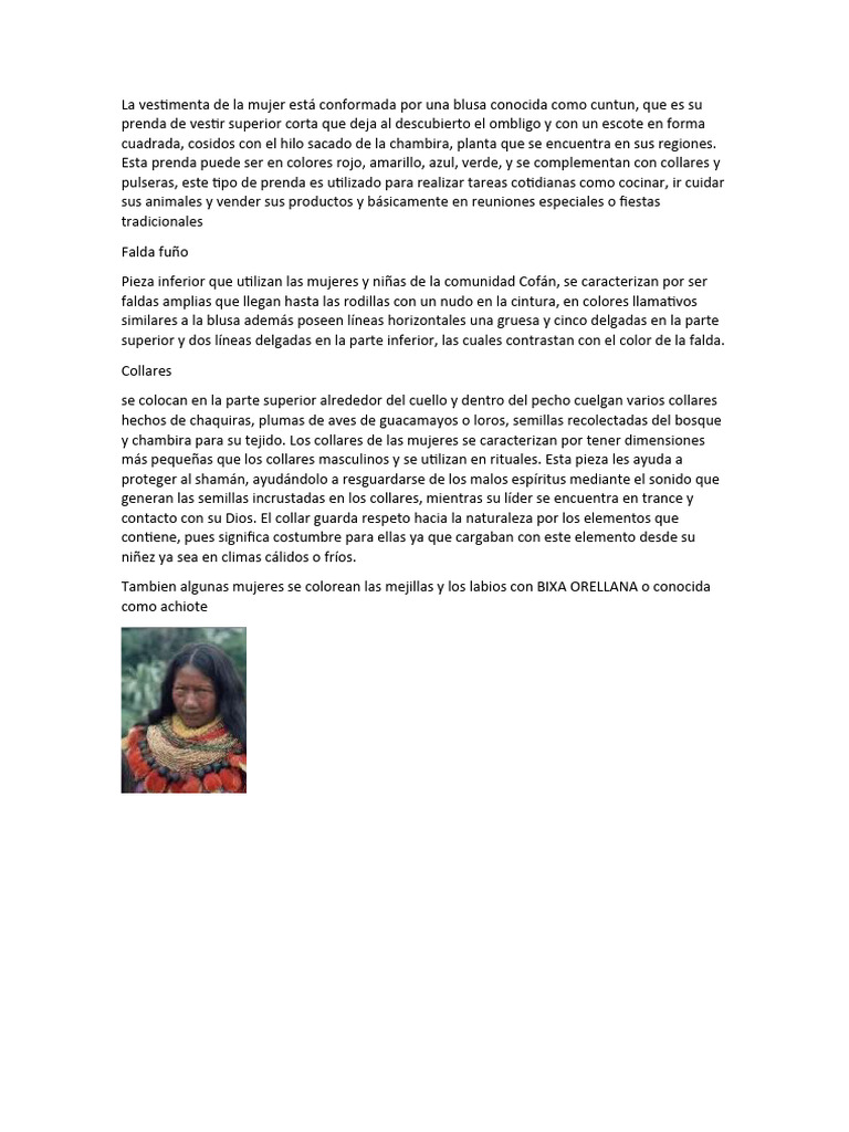 Vestimenta tradicional de las mujeres Cofán | PDF