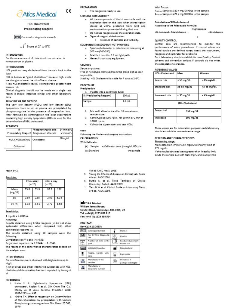 HDL Cholesterol Precipitating Package Insert | PDF | High Density Lipoprotein | Cholesterol