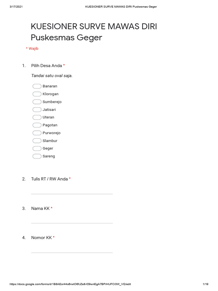 Kuesioner Surve Mawas Diri Puskesmas Geger - Google Formulir | PDF
