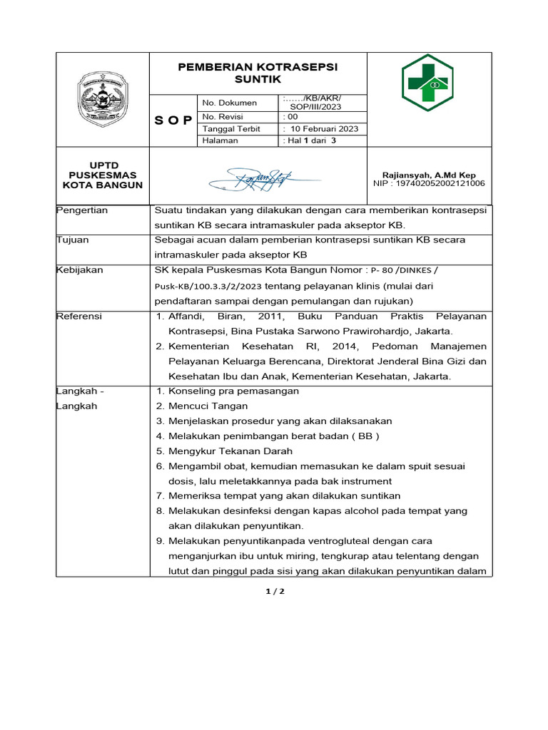 SOP Kontrasepsi Suntik Puskesmas | PDF