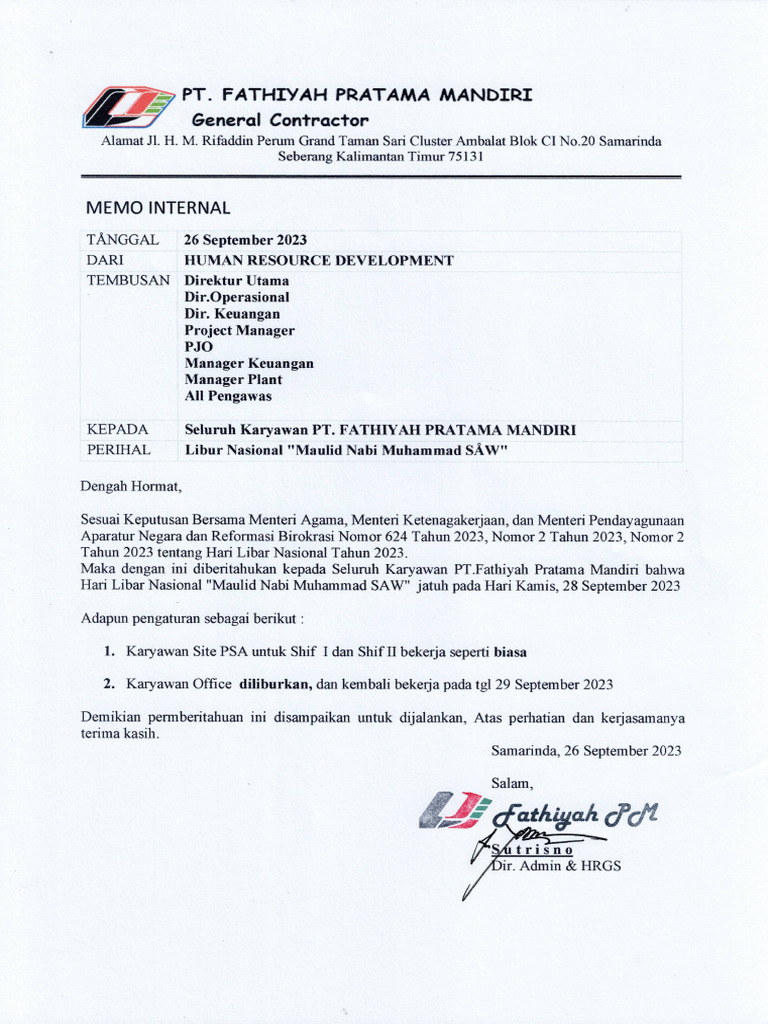 Memo Libur Nasional Maulid Nabi Muhammad SAW 280923 | PDF Memo Libur Nasional Maulid Nabi Muhammad SAW 280923 | PDF