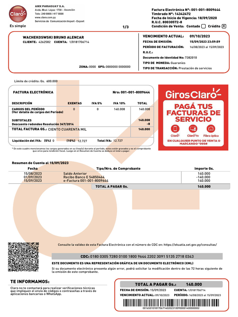 Factura Claro 202309 | PDF | Tecnología bancaria | Servicios (economía)