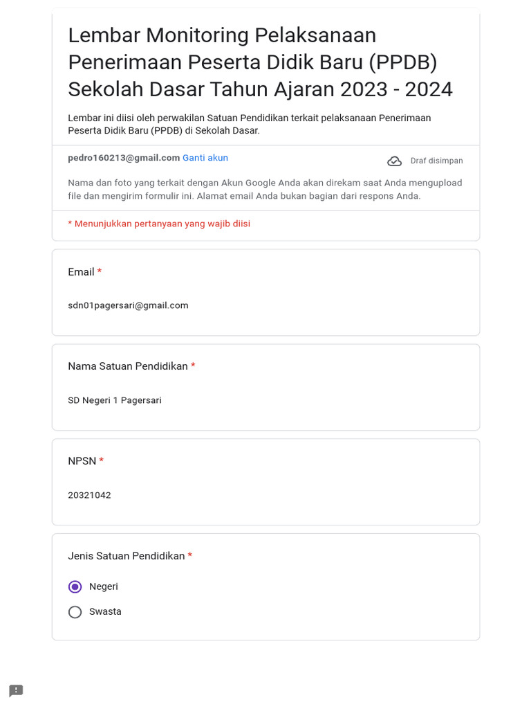 Lembar Monitoring Pelaksanaan Penerimaan Peserta Didik Baru (PPDB) Sekolah Dasar Tahun Ajaran ...