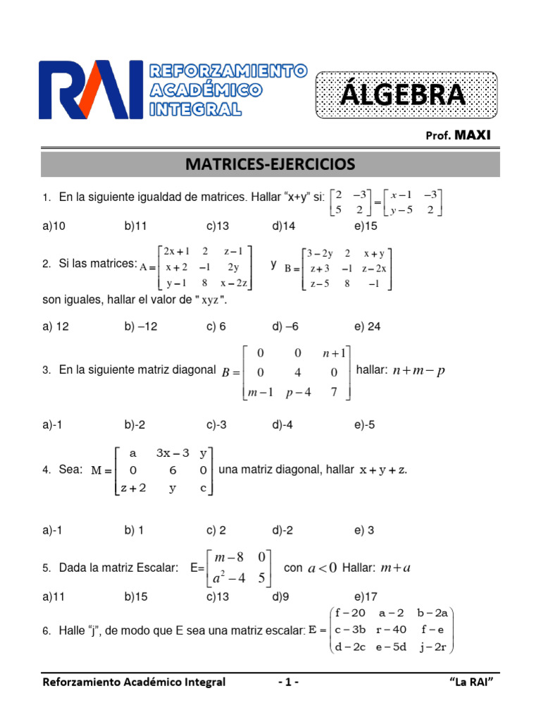 Matrices Practica | PDF | Matriz (Matemáticas) | Relaciones matematicas