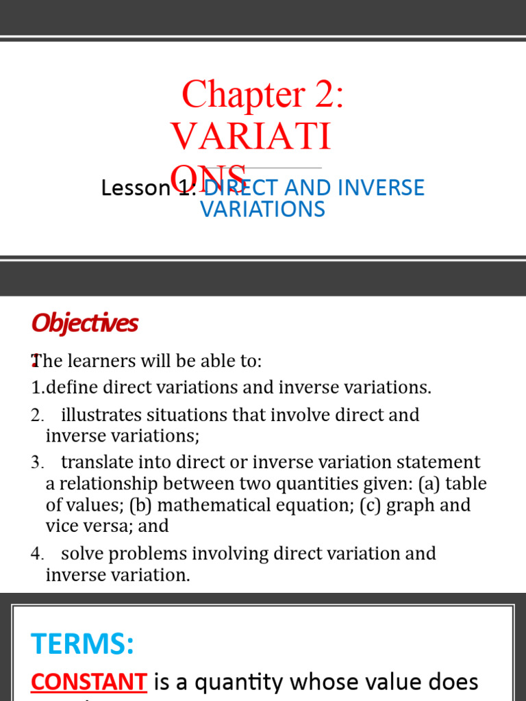 Lesson 1 Direct And Inverse Variations Pdf Variable Mathematics Equations