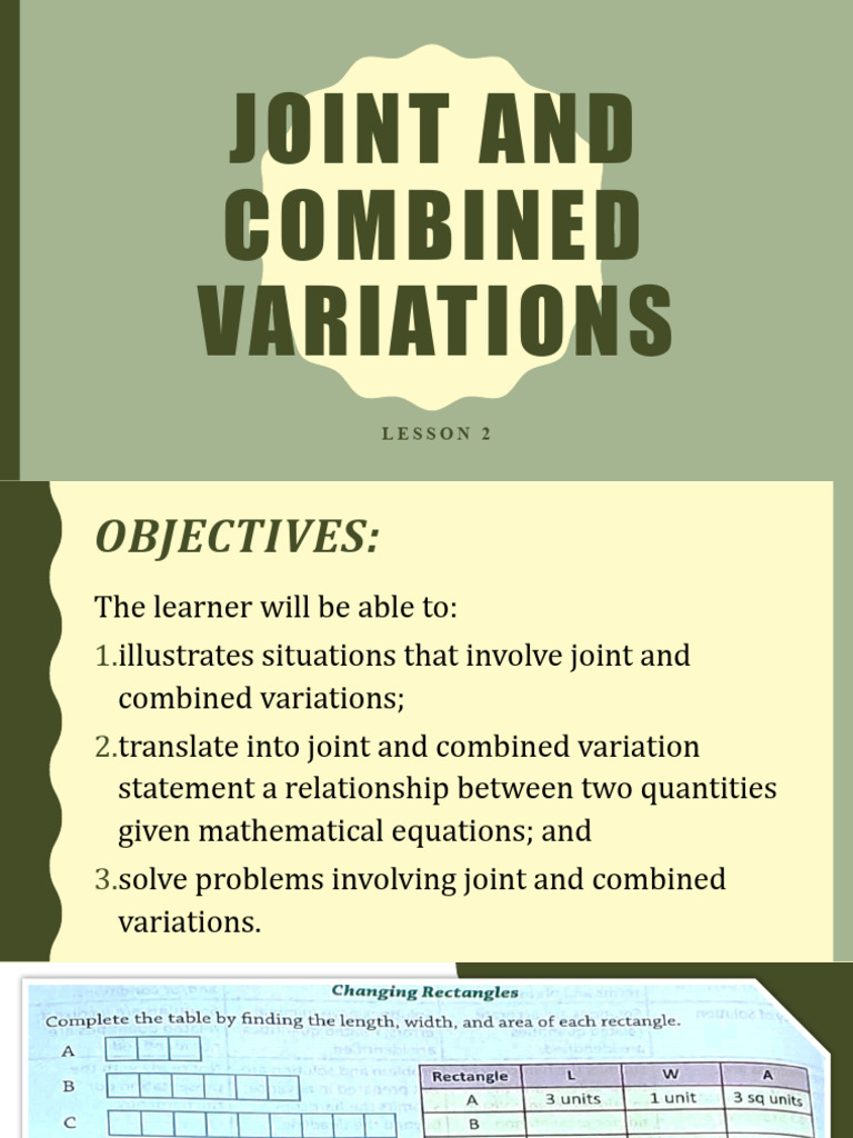 LESSON 2 Joint and Combined Variations | PDF | Area | Equations
