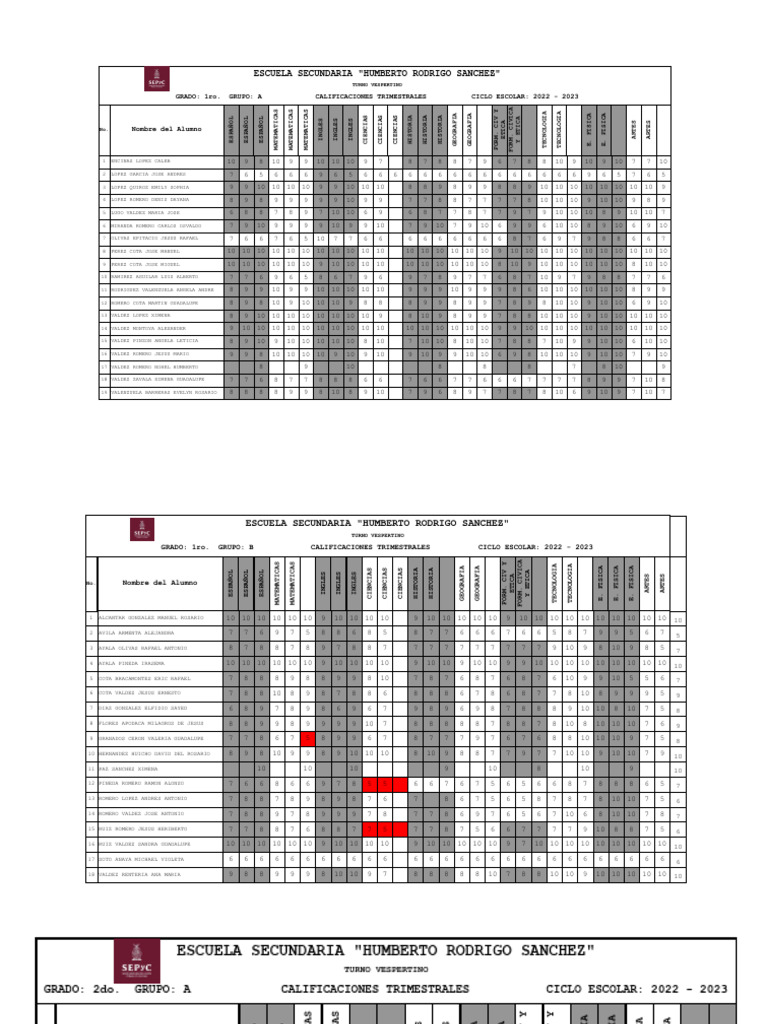 Concentrado de Calificaciones 22-23 | PDF