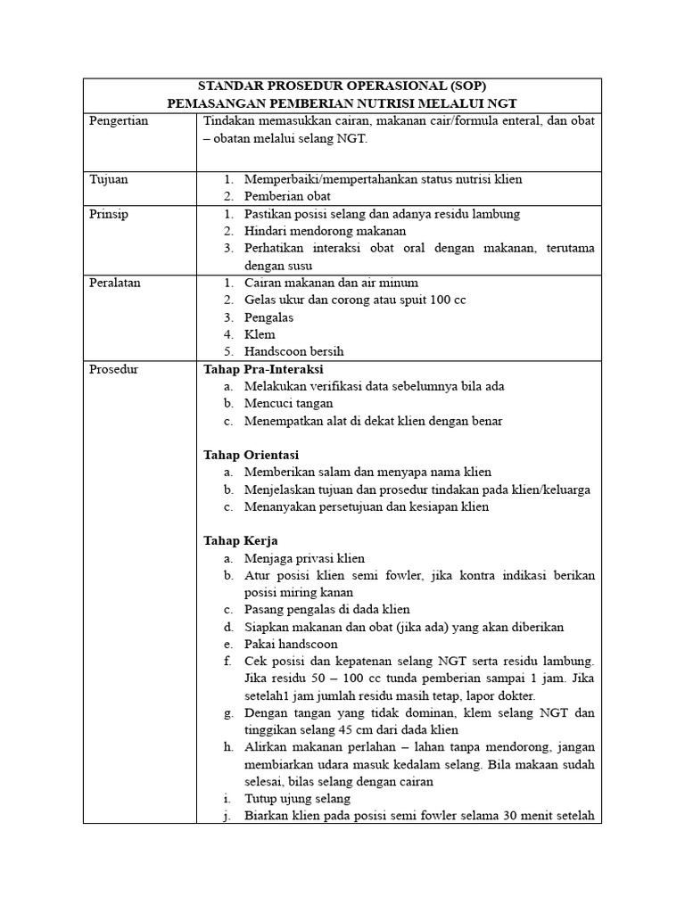 SOP Pemberian Nutrisi Melalui NGT | PDF