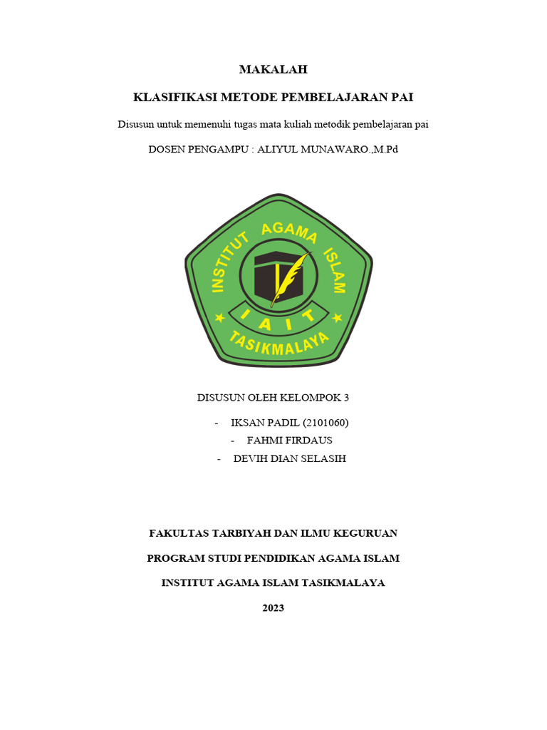 Kelompok 4 Metodik Khusus PAI PAI 2C - Klasifikasi Metode Pembelajaran ...