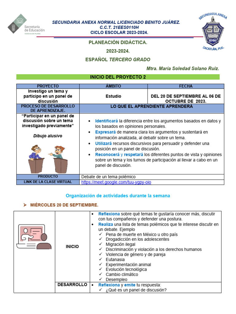PLANEACIÓN 2 TERCERO PANEL DE DISCUSIÓN. | PDF | Argumento