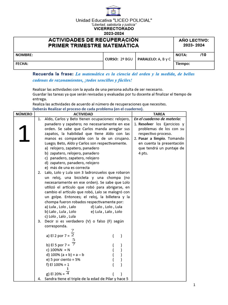 ACTIVIDADES RECUPERACION 2o BGU de MATEMATICA-T1 | PDF