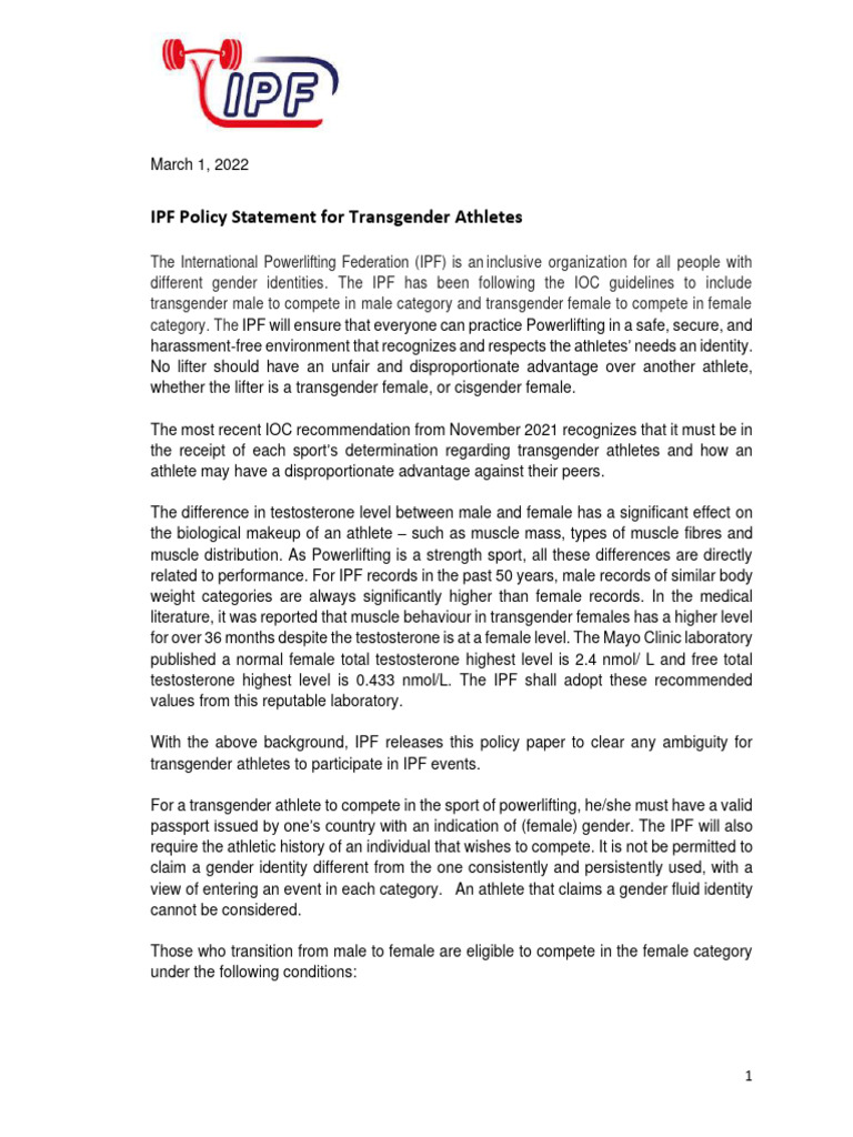 IPF Transgender Policy FInal | PDF | Transgender | LGBTQIA+ Studies
