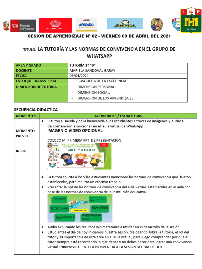 Sesion Tutoria y Normas de Convivencia - NSPP | PDF | Salón de clases | Comunicación humana