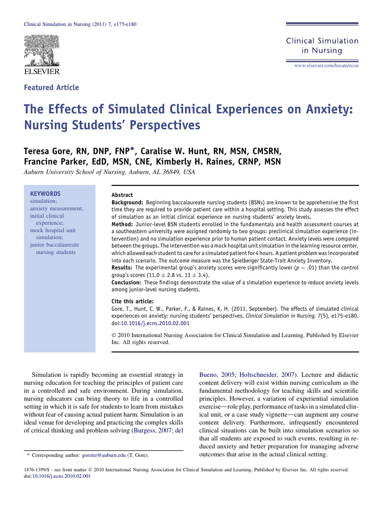 The Effects of Simulated Clinical Experiences On Anxiety - Nursing Students' Perspectives | PDF ...
