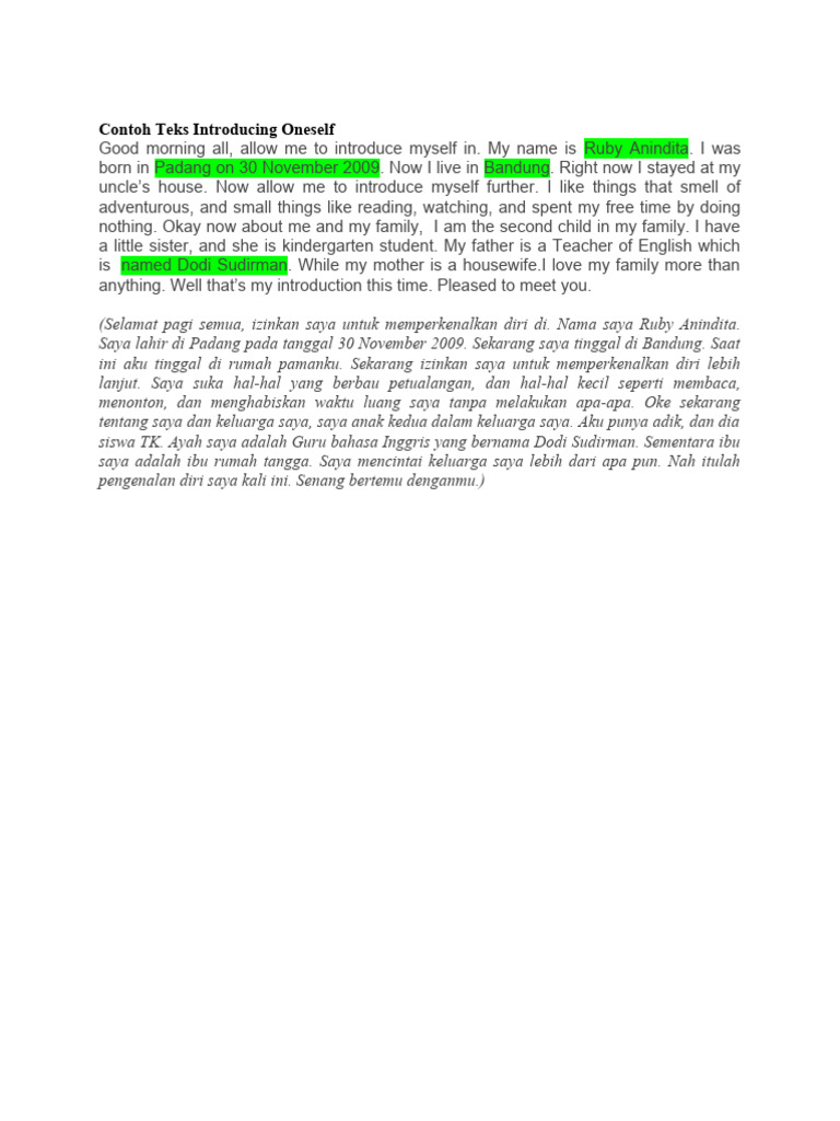 Contoh Teks Introducing Oneself KELAS 7 | PDF Contoh Teks Introducing Oneself KELAS 7 | PDF