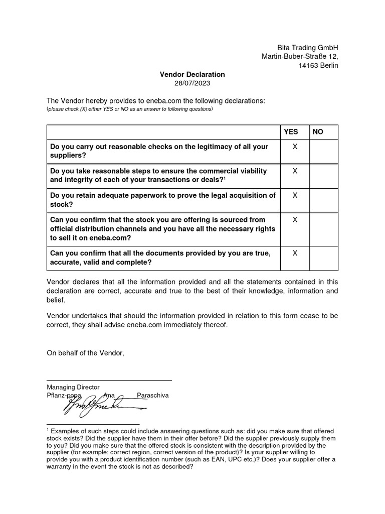 Template Vendors Declaration | PDF