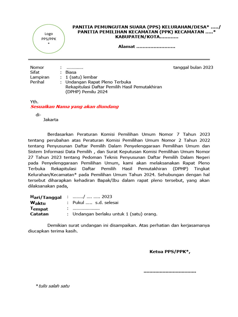 Draft Undangan DPHP PPS - PPK | PDF