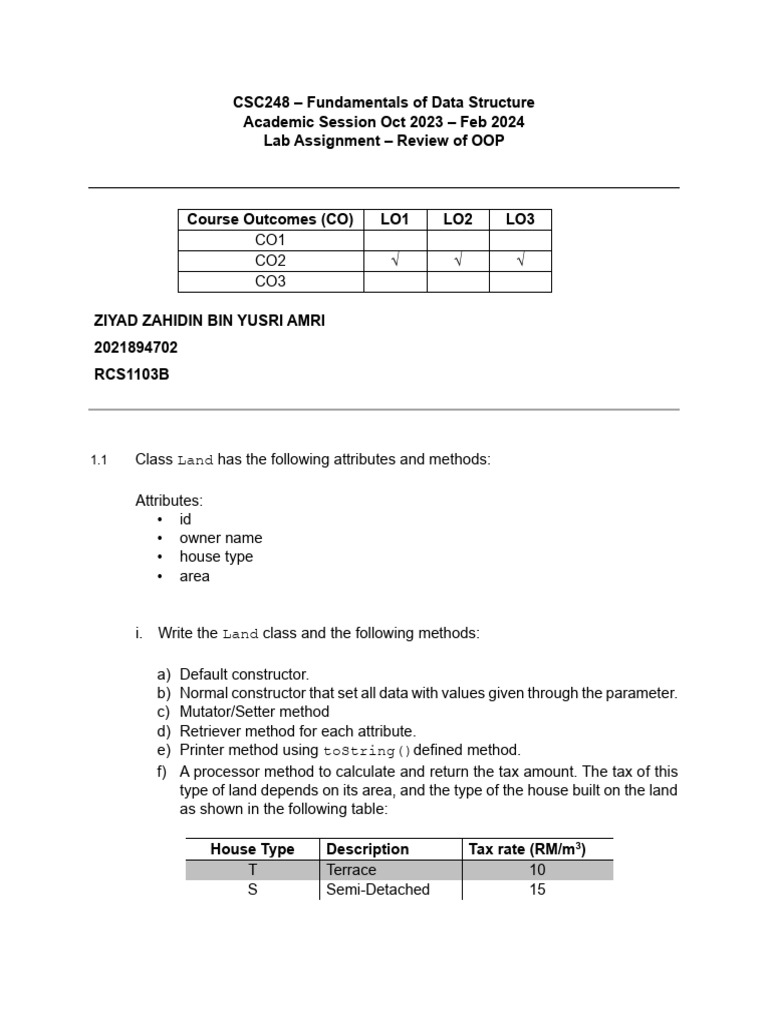 Lab Assignment 1 - Ziyad Zahidin 2021894702 | PDF | Constructor (Object Oriented Programming ...