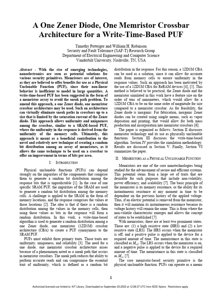Zener Diode Memristor PUF Architecture | PDF | Computer Memory | Diode