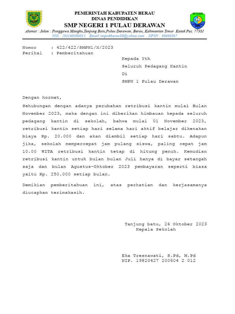 Surat Pemberitahuan Kantin | PDF
