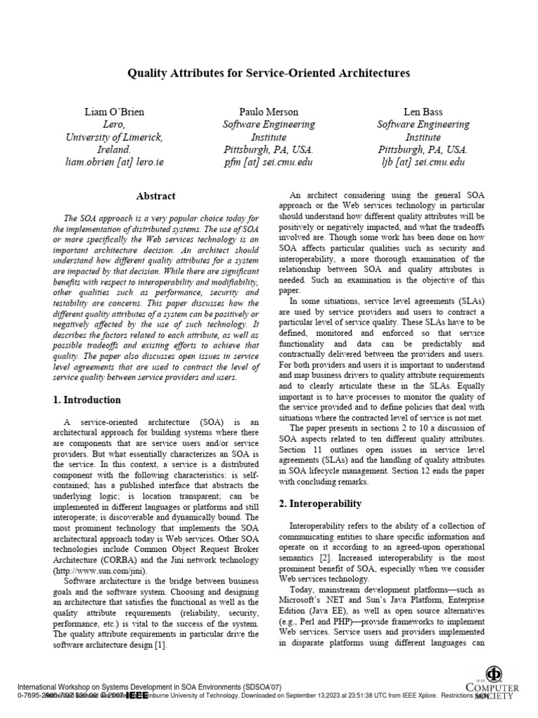 Quality Attributes For Service Oriented Architectures Pdf Service Oriented Architecture