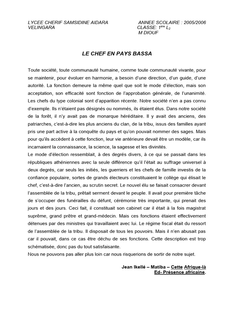 TEXTE LE CHEF EN PAYS BASSA 1ère L2 | PDF | Tribu | Gouvernement