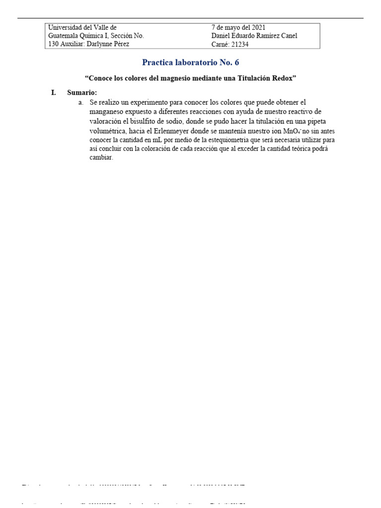 Conoce Los Colores Del Magnesio Mediante Una Titulaci N Redox PDF | PDF | Redox | Valoración