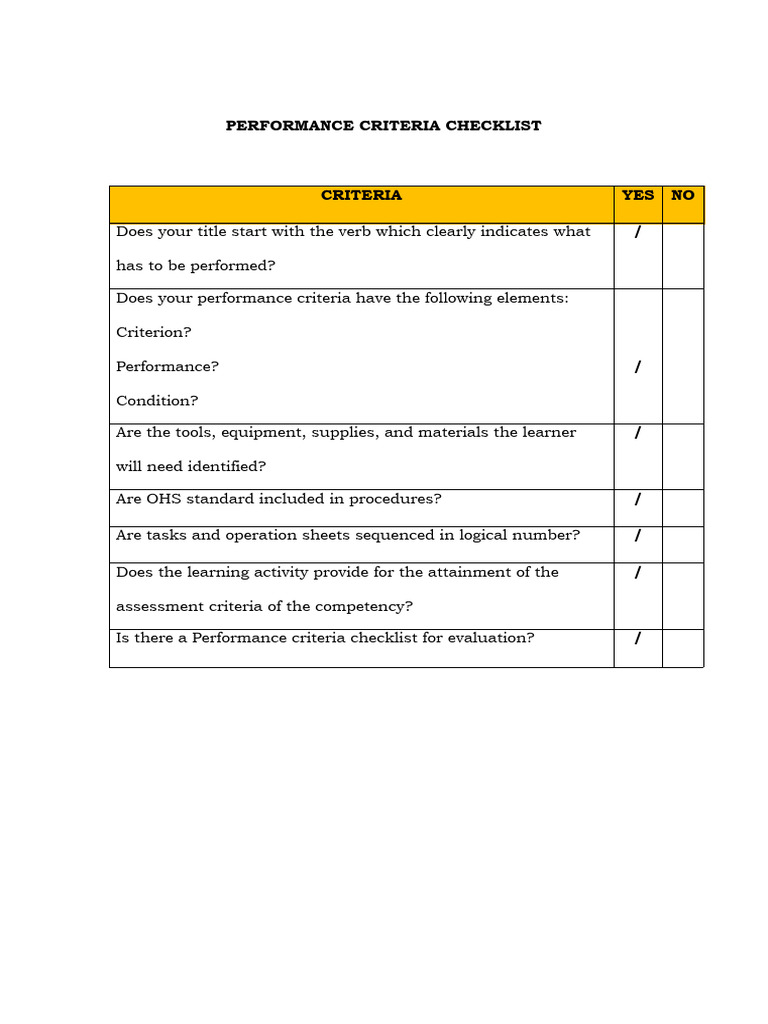 Performance Criteria Checklist | PDF