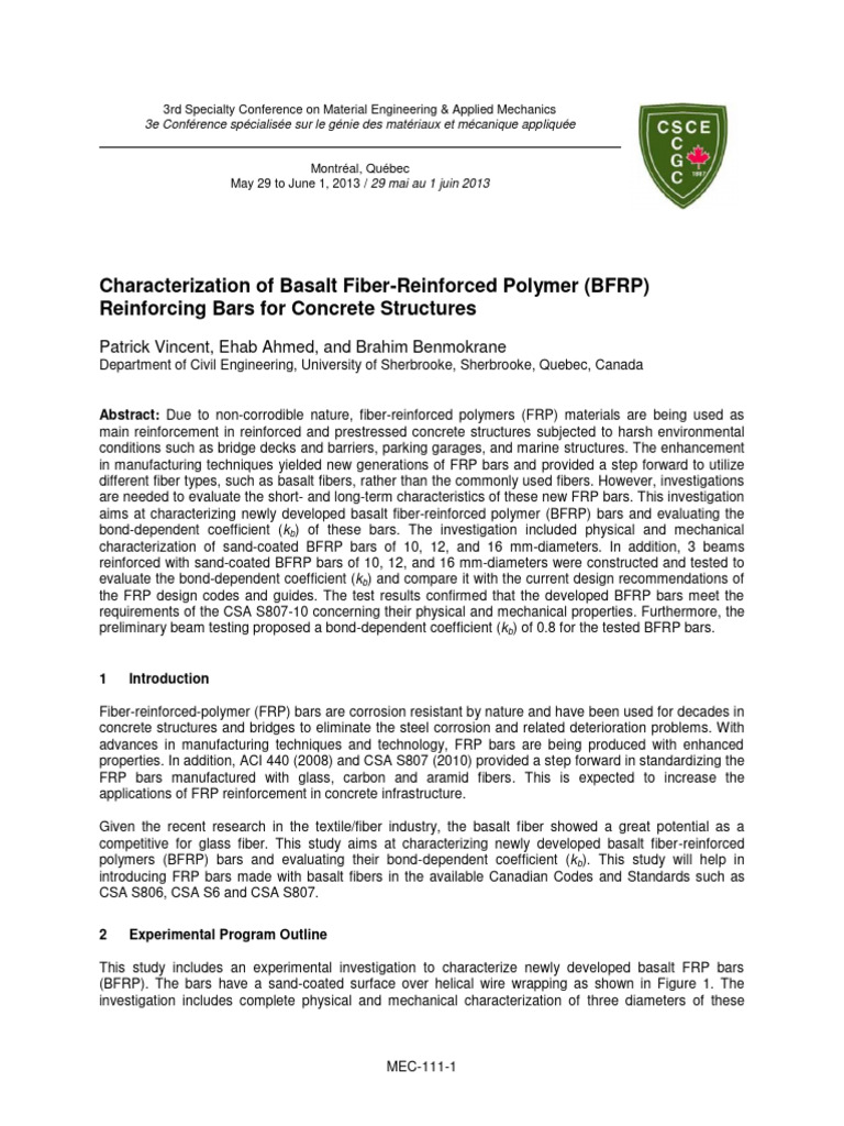 Characterization of Basalt Fiber-Reinforced Polymer (BFRP) Reinforcing ...
