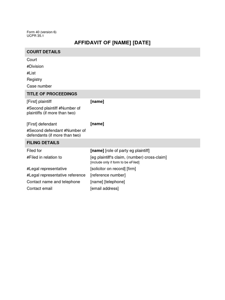UCPR Form 40 Affidavit Template | PDF | Affidavit | Identity Document