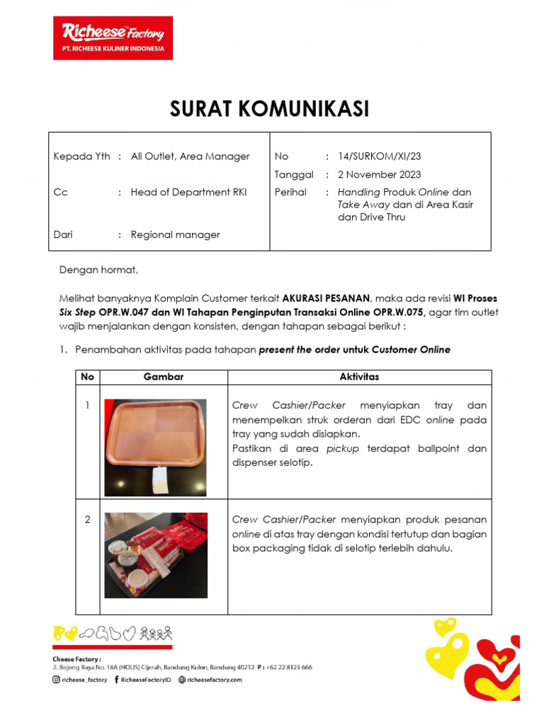 Surkom Handling Produk Take Away Di Area Cashier Dan Drive Thru | PDF