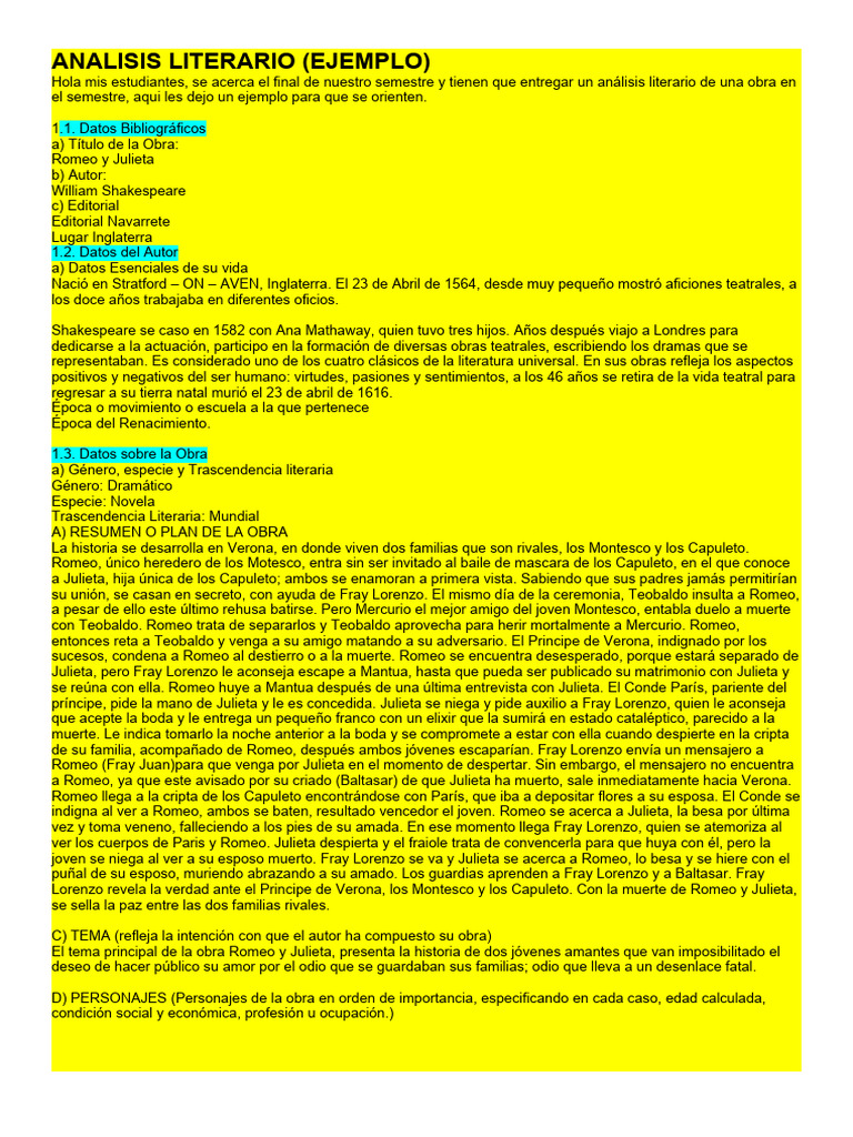 Modelo de Analisis Literario - Romeo y Julieta | PDF | Romeo y Julieta ...