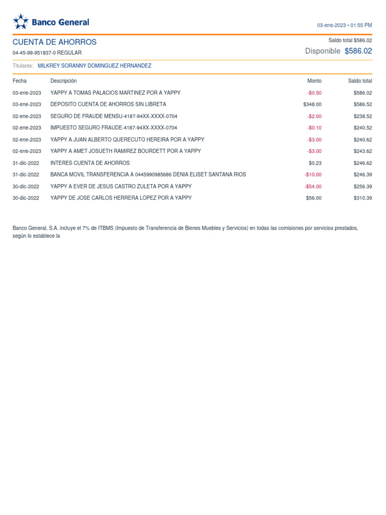 Ultimos Movimientos Cuenta de Ahorros 2023 01 03 | PDF